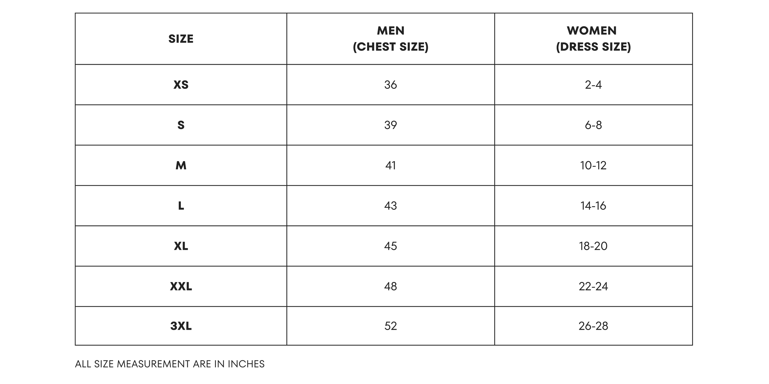 Graphic Tee Size Chart (Inches) – Power Fitness UK