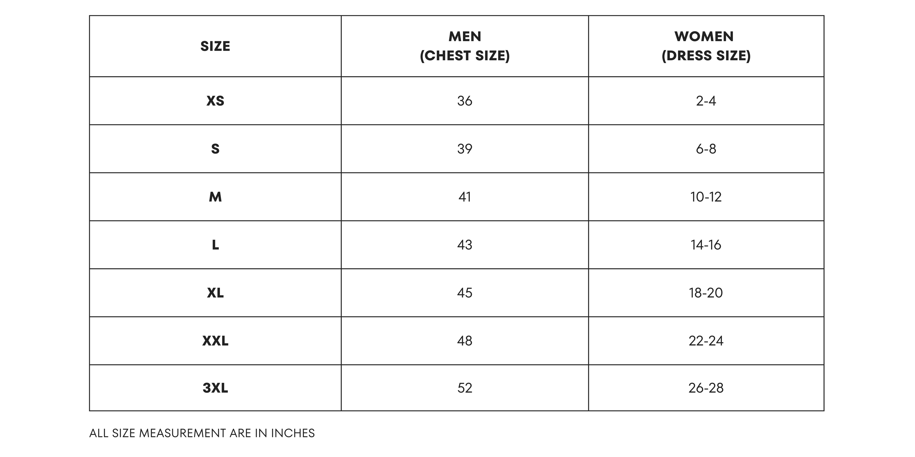 Graphic Tee Size Chart (Inches) – Power Fitness UK